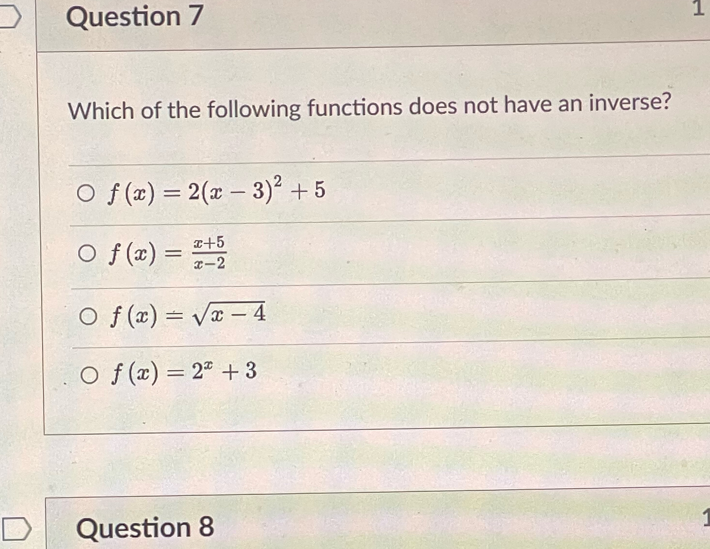 Solved Question 7Which of the following functions does not | Chegg.com