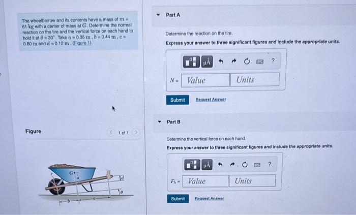 Solved The wheelbarrow and its contents have a mass of m= 61 | Chegg.com
