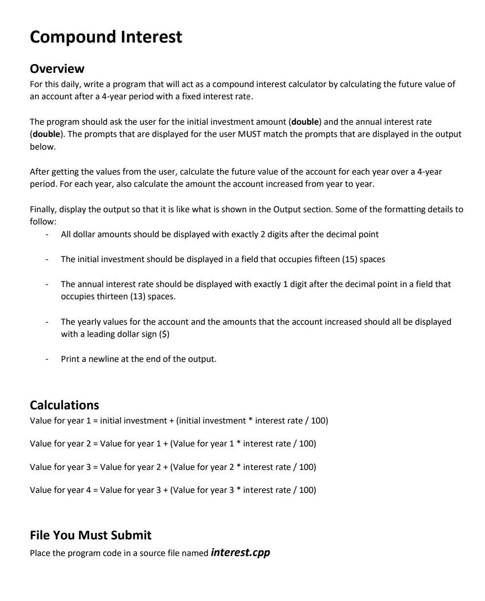 Solved Compound Interest Overview For this daily, write a | Chegg.com