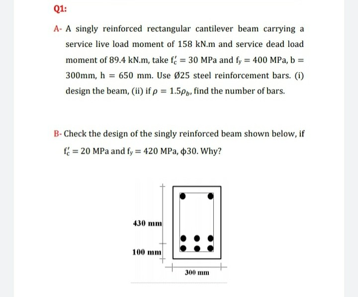 Solved Q1: A- A singly reinforced rectangular cantilever | Chegg.com