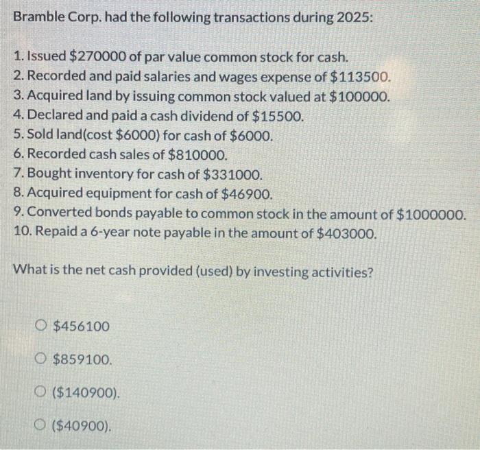 Solved Bramble Corp. had the following transactions during | Chegg.com