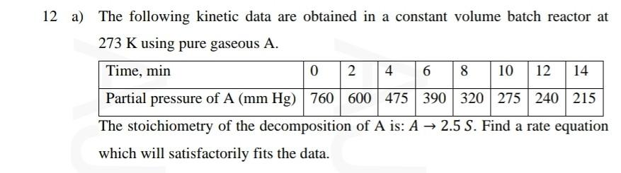 Solved 2 a) The following kinetic data are obtained in a | Chegg.com