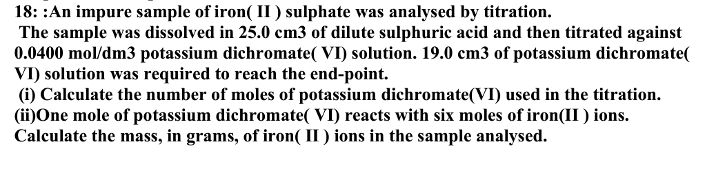 Solved 18: :An impure sample of iron( ﻿II ) ﻿sulphate was | Chegg.com