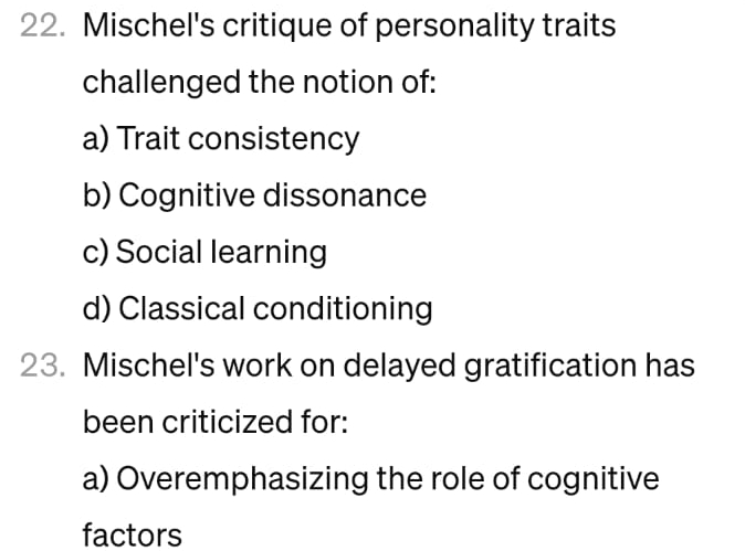 Solved Mischel's critique of personality traits challenged | Chegg.com