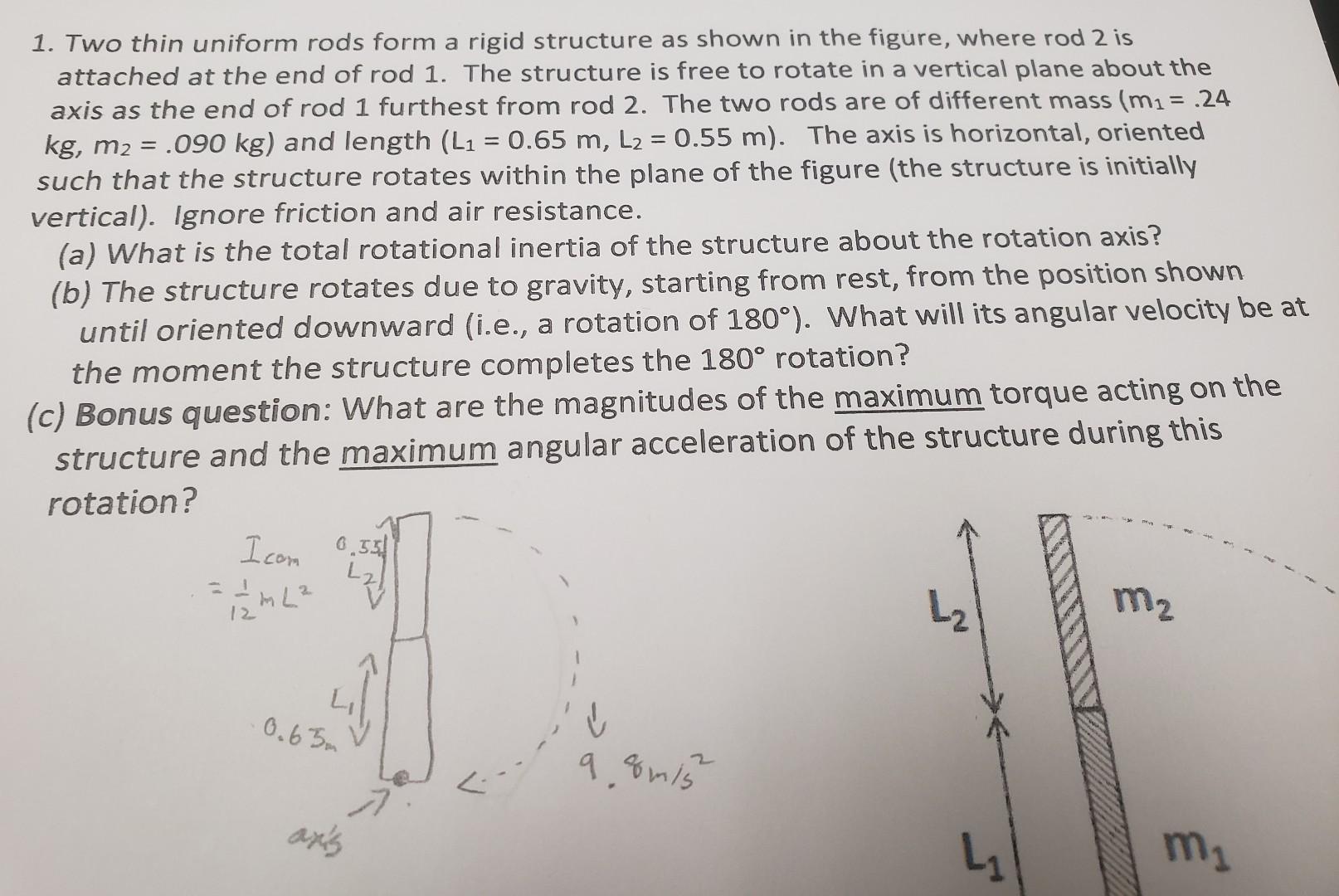 Solved 1. Two thin uniform rods form a rigid structure as | Chegg.com