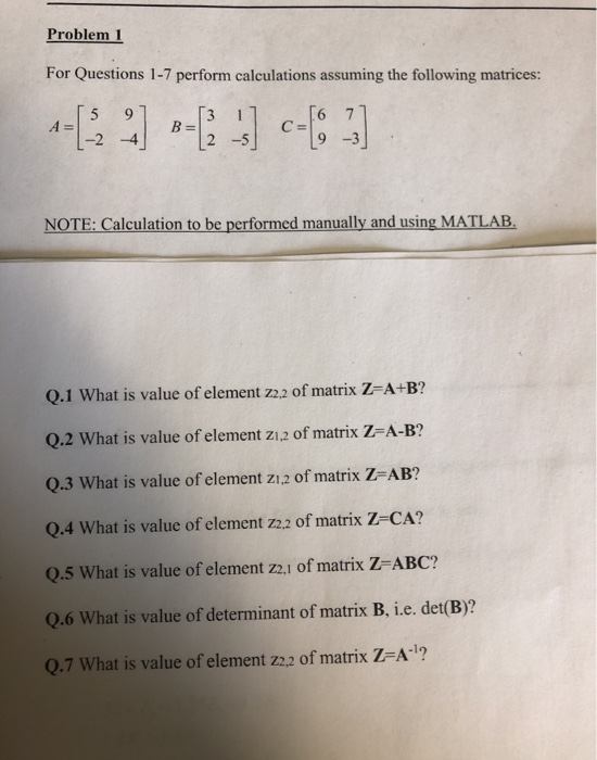 Solved Problem 1 For Questions 1-7 perform calculations | Chegg.com