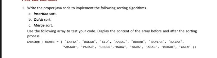 Solved 1. Write the proper java code to implement the | Chegg.com