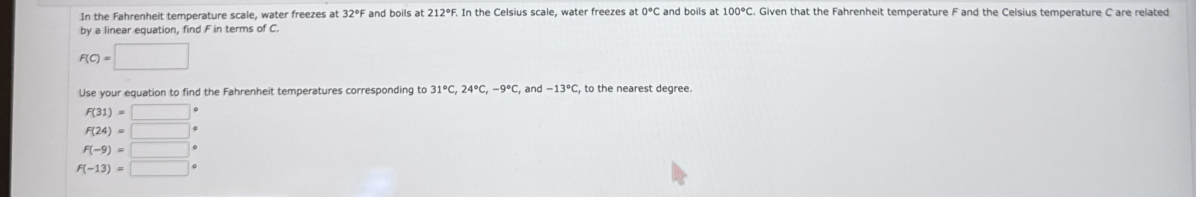 Solved by a linear equation, find F ﻿in terms of C.F(C)=Use | Chegg.com