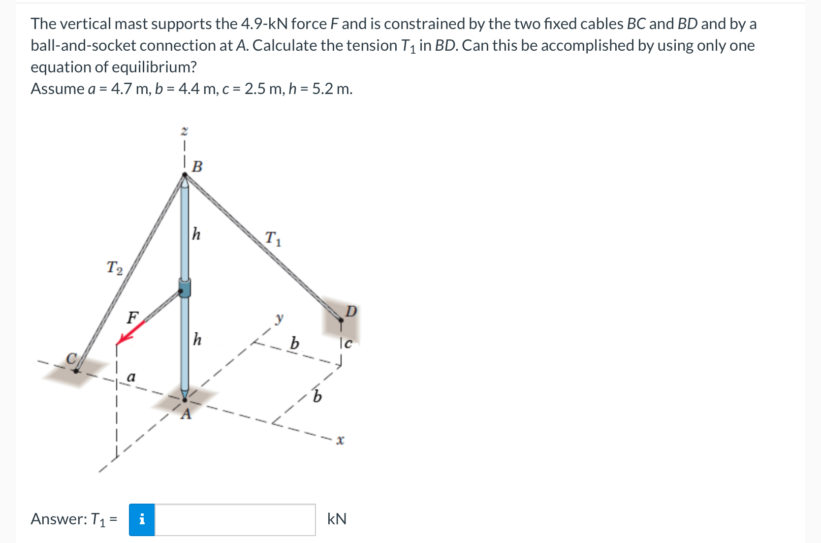 Solved The vertical mast supports the 4.9-kN force F ﻿and is | Chegg.com