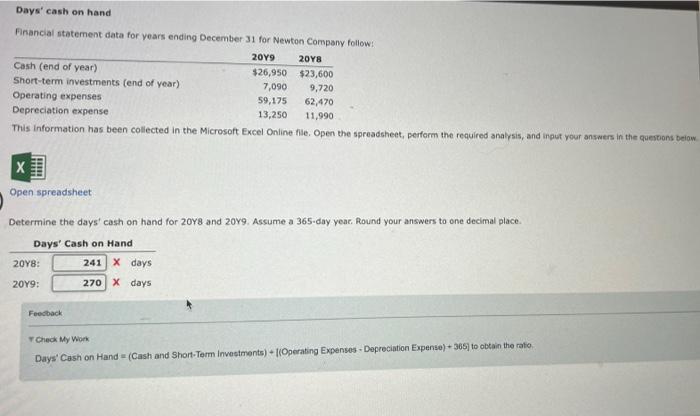 Solved Days' cash on hand Financial statement data for years | Chegg.com