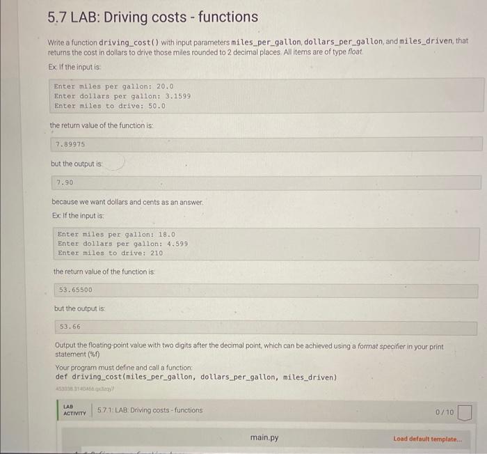 Solved Write a function driving_cost () with input | Chegg.com