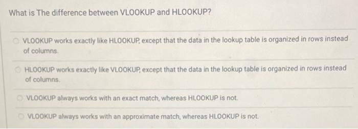Solved What is The difference between VLOOKUP and HLOOKUP? | Chegg.com