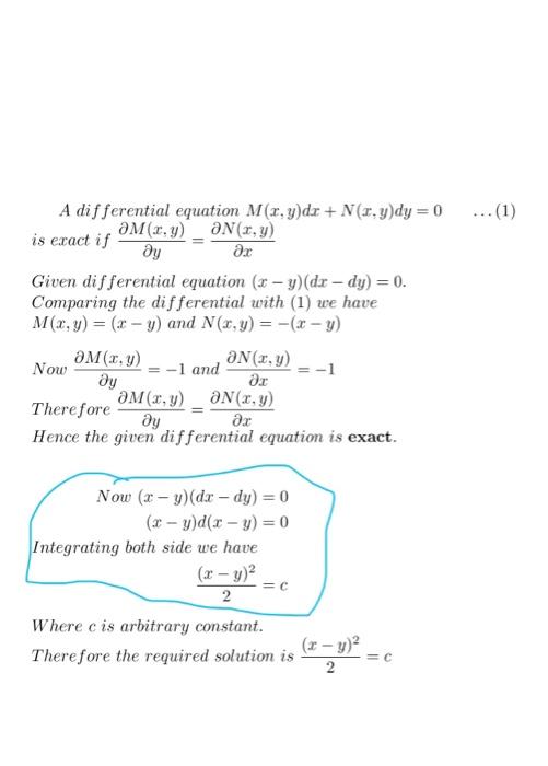 Solved A differential equation M(x,y)dx+N(x,y)dy=0 is exact | Chegg.com