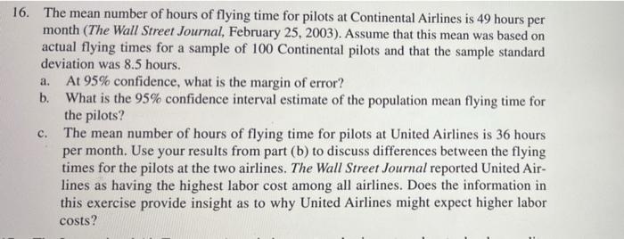 Solved a. 16. The mean number of hours of flying time for | Chegg.com