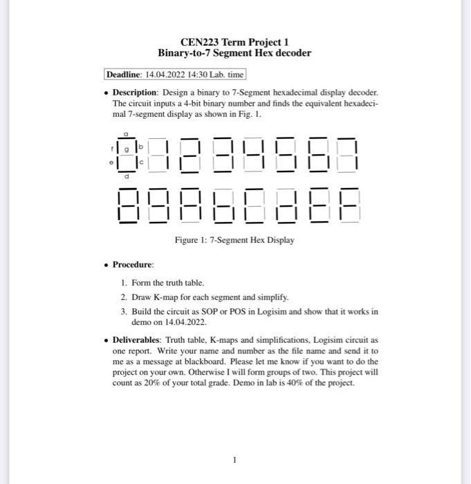 Solved CEN223 Term Project 1 Binary-to-7 Segment Hex decoder | Chegg.com