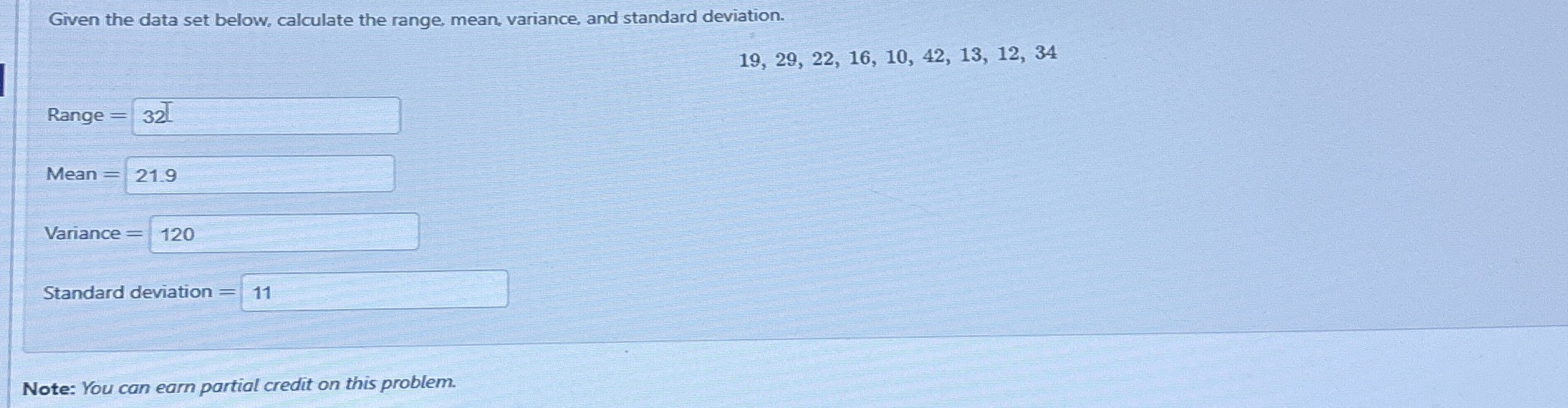 Given the data set below, calculate the range, mean, | Chegg.com
