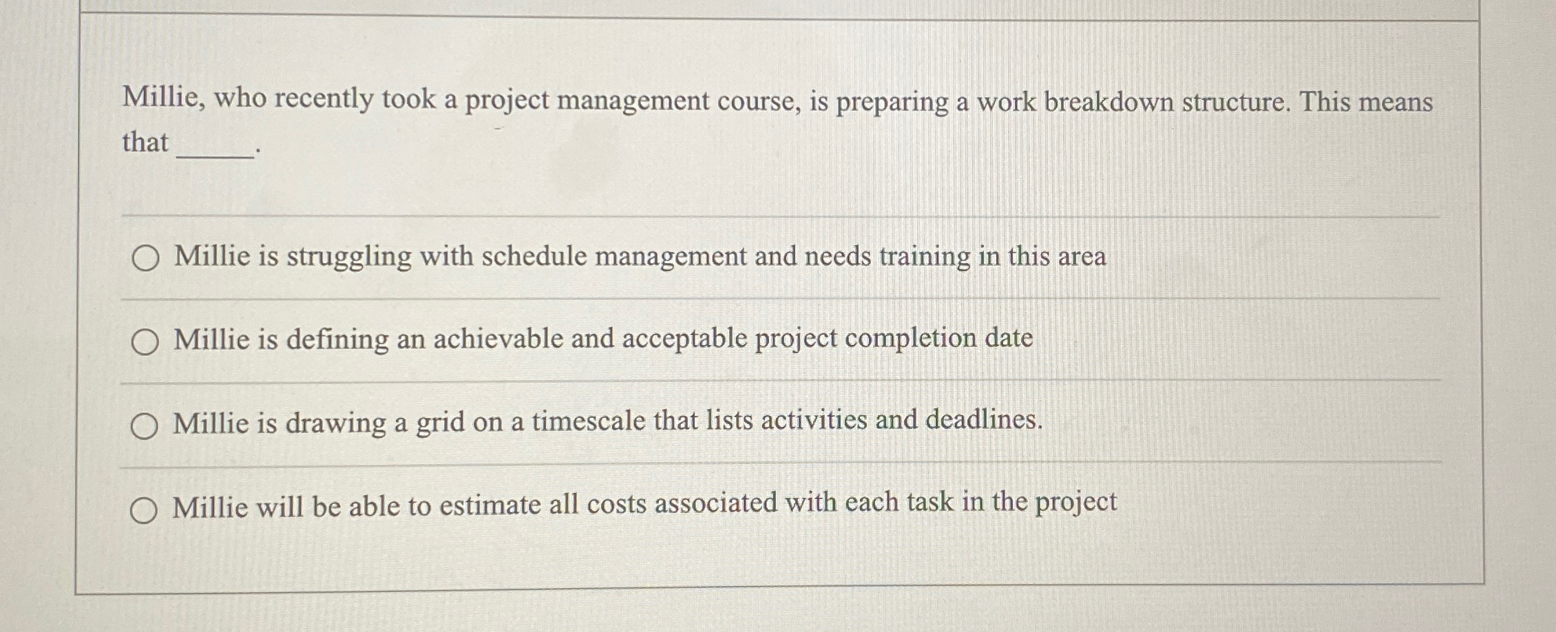 Solved Millie, who recently took a project management | Chegg.com