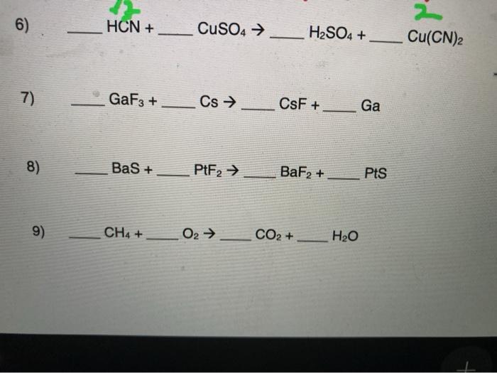 Solved 6) HCN + - CuSO4 → - H2SO4 + 1 Cu(CN)2 7) GaF3 + Cs → | Chegg.com