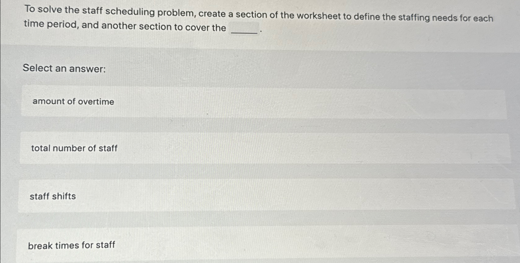 Solved To solve the staff scheduling problem, create a | Chegg.com