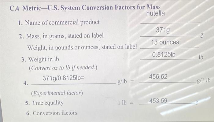 Solved Part C.4 Metric-U.S. System Conversion Factors for | Chegg.com