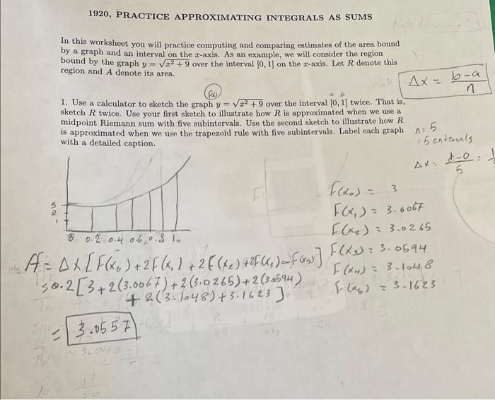 Solved 1920, PRACTICE APPROXIMATING INTEGRALS AS SUMS In | Chegg.com