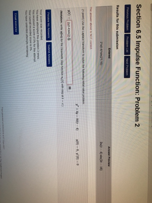 Solved Section 6.5 Impulse Function: Problem 2 Previous | Chegg.com