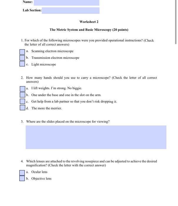 Solved Name: Lab Section: Worksheet 2 The Metric System and | Chegg.com