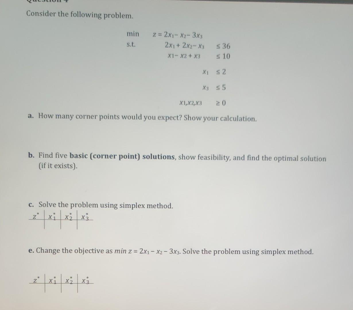 Consider the following problem. minz=2x1−x2−3x3 s.t. | Chegg.com