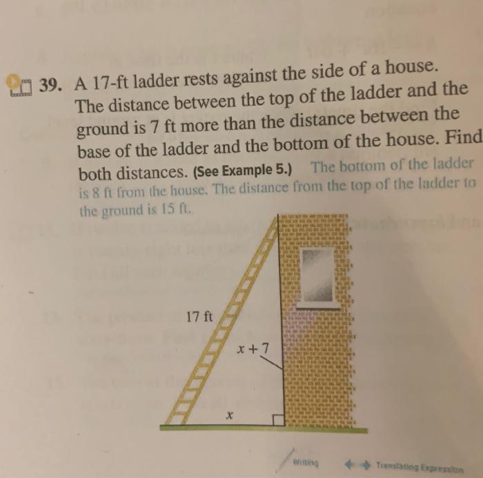 Solved 39. A 17-ft ladder rests against the side of a house. | Chegg.com