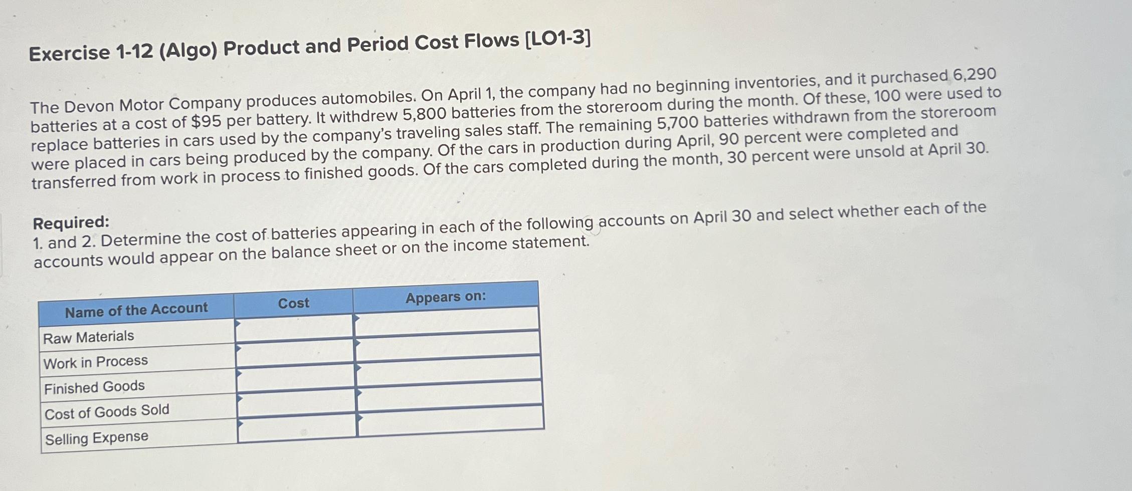 Solved Exercise 1-12 (Algo) ﻿Product and Period Cost Flows | Chegg.com