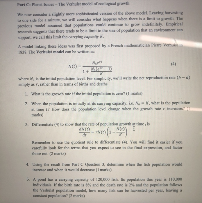 Solved Part C: Planet Issues - The Verhulst model of | Chegg.com