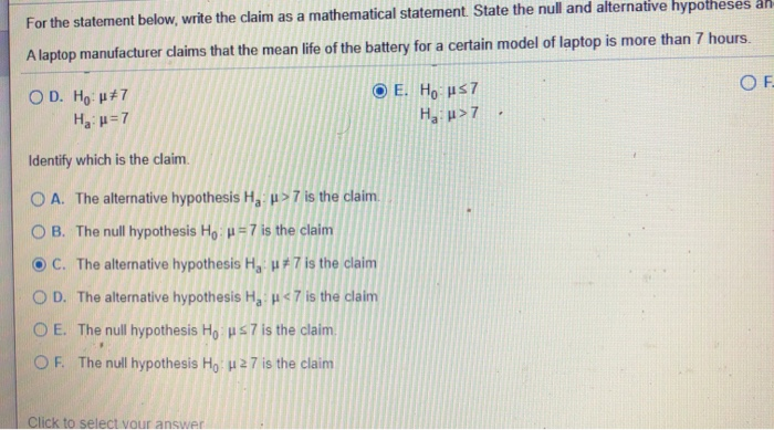 Solved For the statement below, write the claim as a | Chegg.com