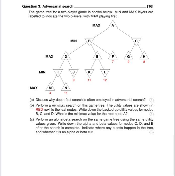 Solved Question 3: Adversarial search [16] The game tree for | Chegg.com