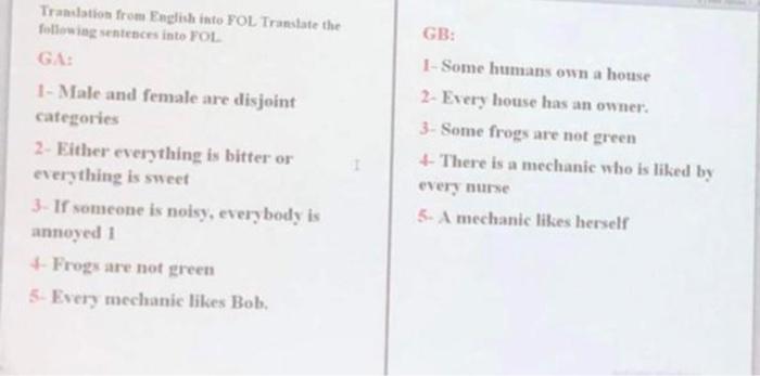 Solved Translation from English into FOL Translate the | Chegg.com