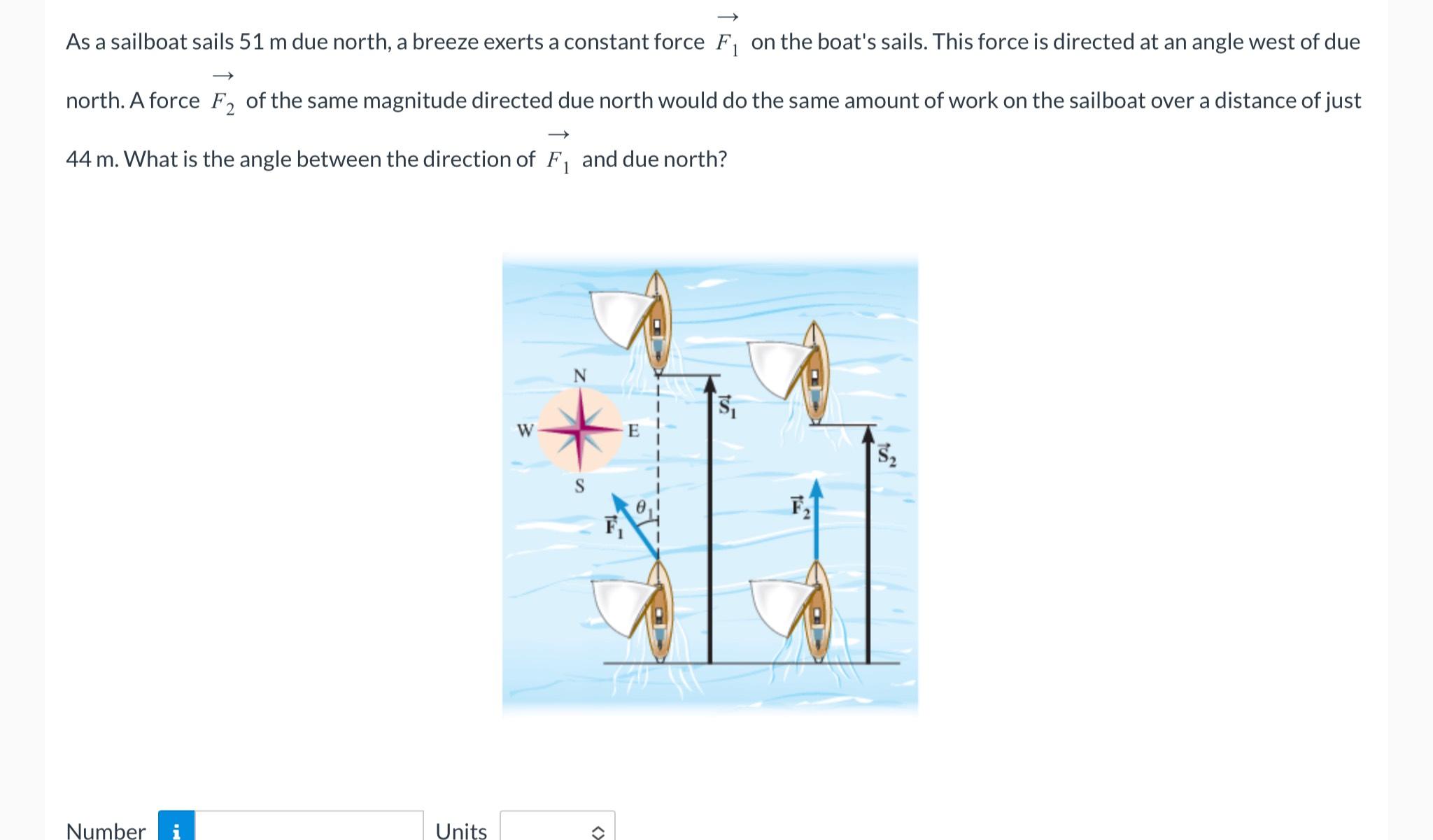 Solved As a sailboat sails 51m ﻿due north, a breeze exerts a | Chegg.com