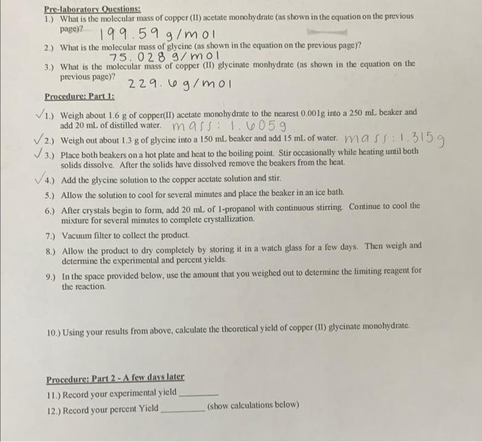 Solved Pre-laboratory Questions: 1.) What is the molecular | Chegg.com