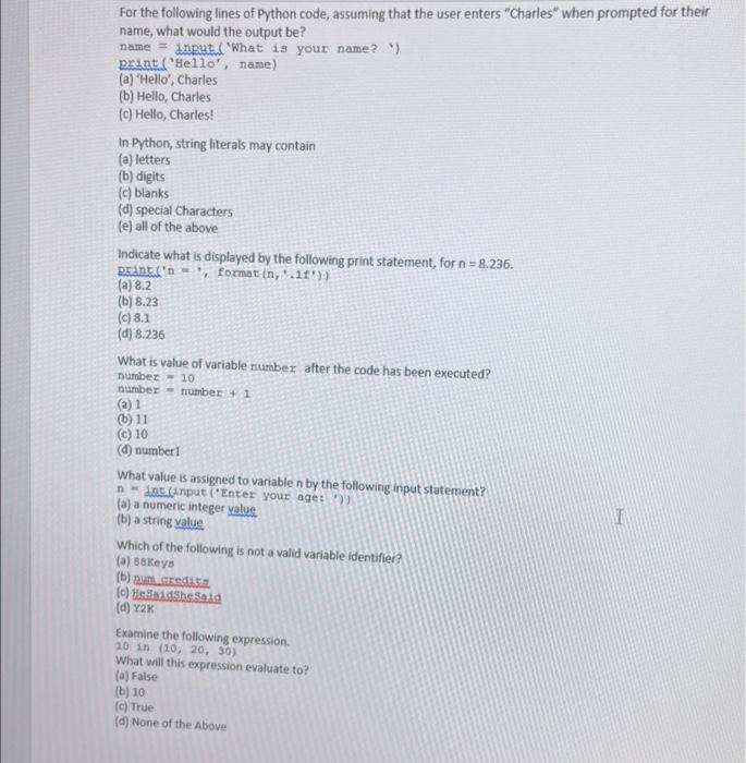 Solved For the following lines of Python code, assuming that | Chegg.com