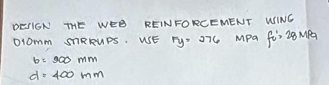 Solved DESIGN THE WEB REINFORCEMENT USING D10mm ﻿STIRRUPS. | Chegg.com