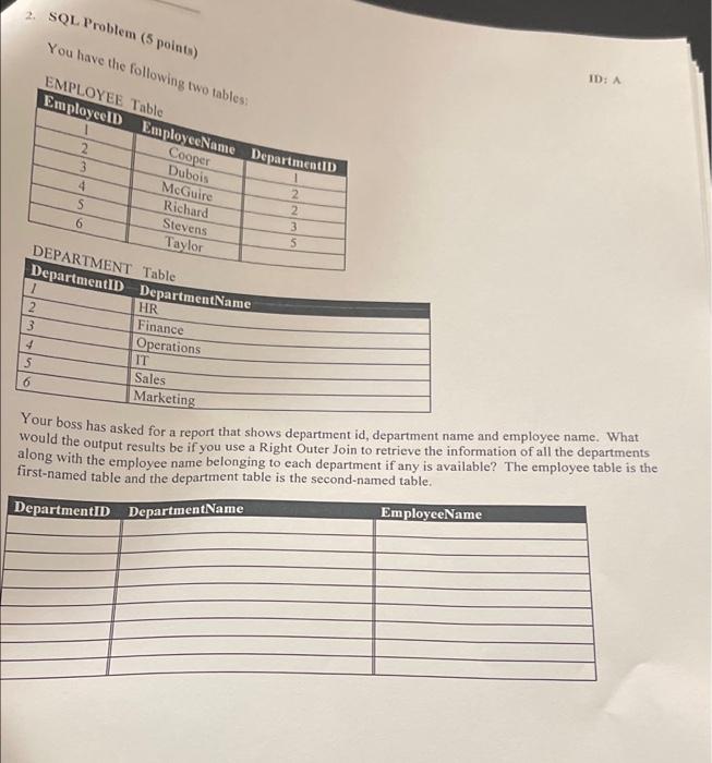 Solved 2 SQL Problem (5 points) You have the following two | Chegg.com