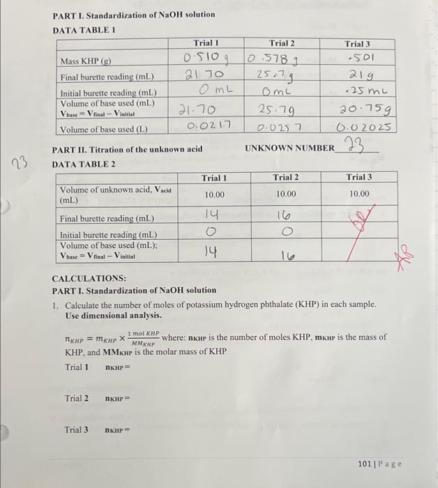 Solved PART I Standardization of NaOH solution DATA TABLE 1 | Chegg.com