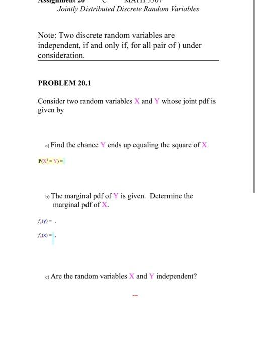 Solved Jointly Distributed Discrete Random Variables Note