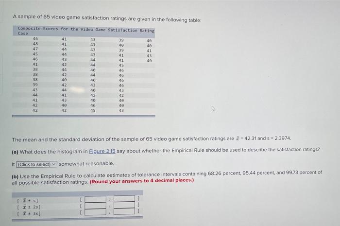 Solved A sample of 65 video game satisfaction ratings are | Chegg.com