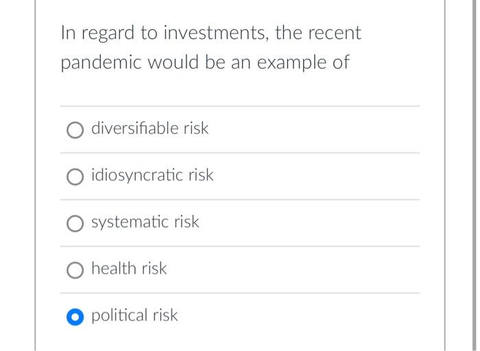 Solved In regard to investments, the recent pandemic would | Chegg.com