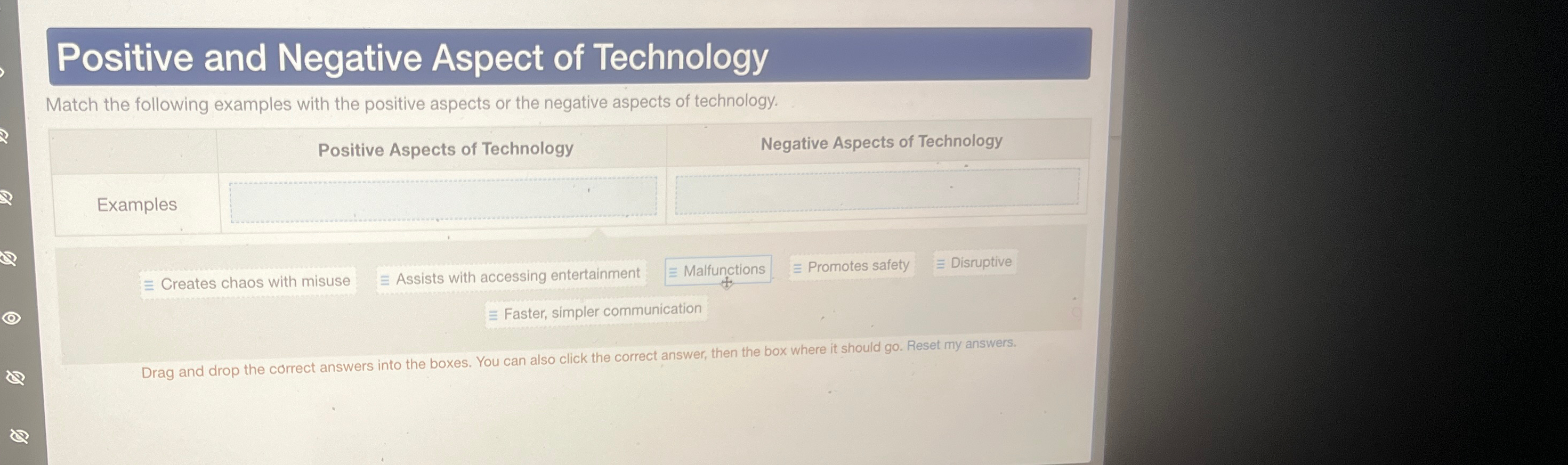Solved Positive and Negative Aspect of TechnologyMatch the | Chegg.com