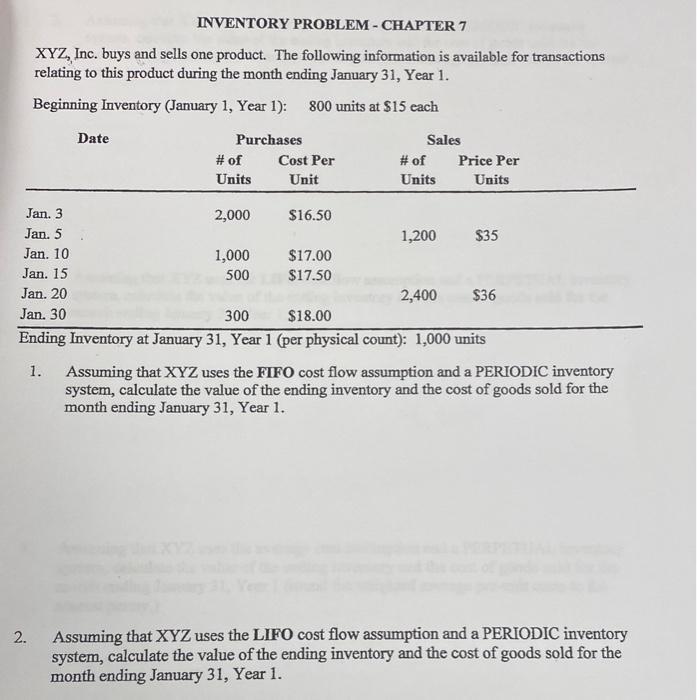 Solved INVENTORY PROBLEM - CHAPTER 7 XYZ, Inc. buys and | Chegg.com
