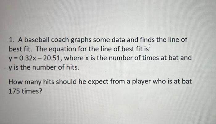 Solved 1. A baseball coach graphs some data and finds the | Chegg.com