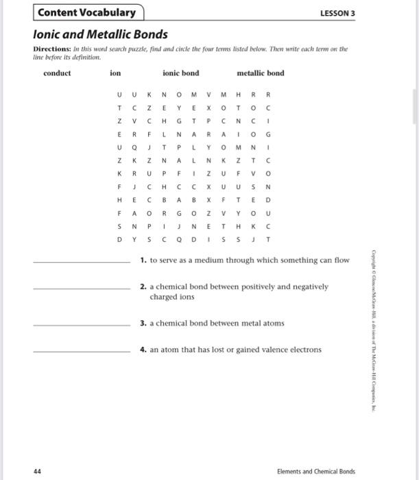 Solved Content Vocabulary LESSON 3 Ionic and Metallic Bonds | Chegg.com