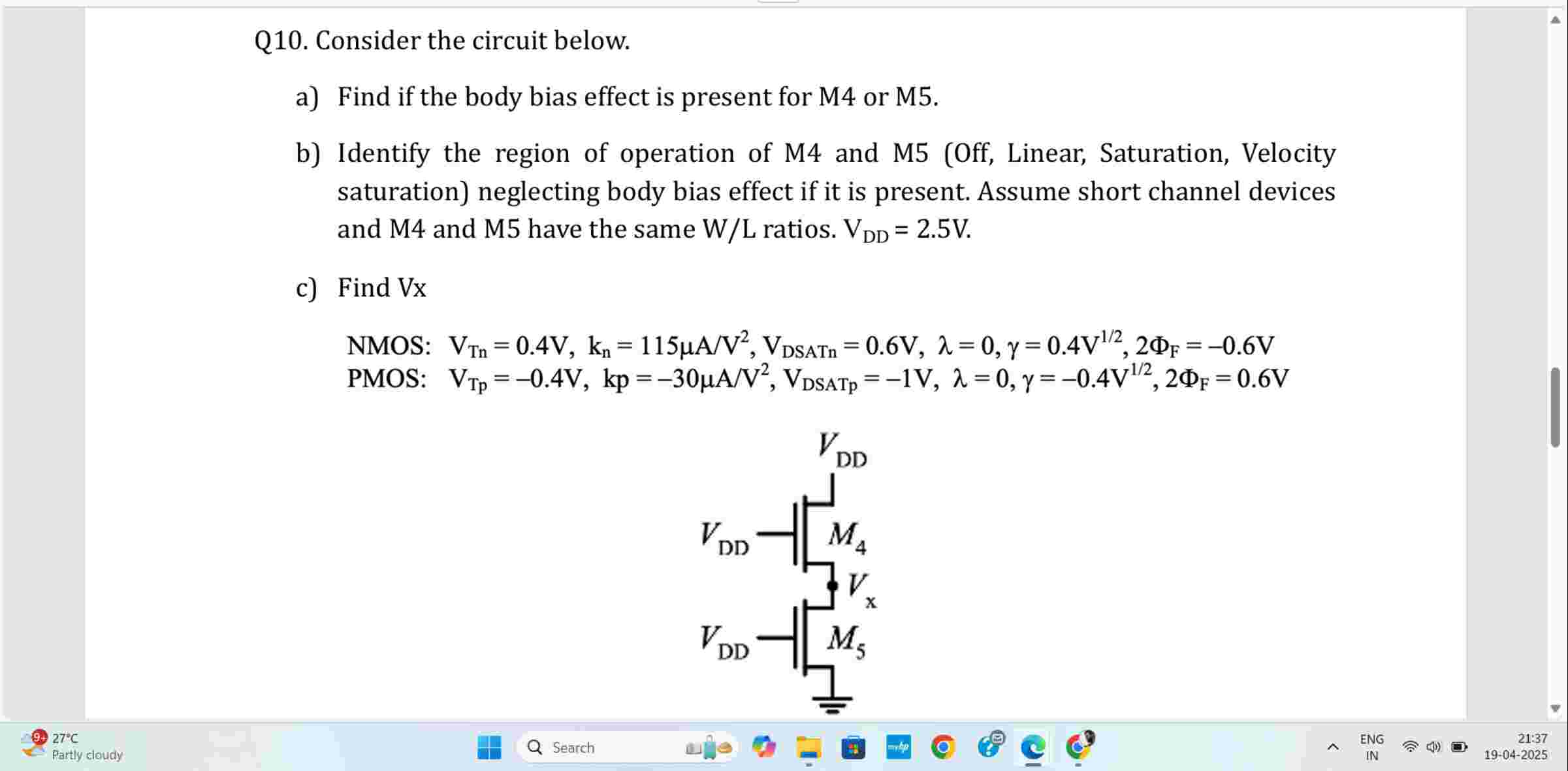 Q10. ﻿Consider the circuit below. a(W)/(L) ﻿ratios. | Chegg.com