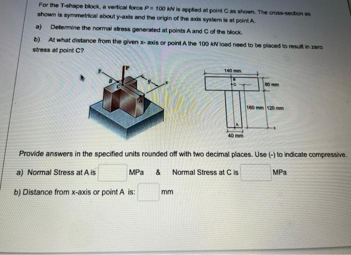 Solved For the T-shape block, a vertical force P = 100 kN is | Chegg.com