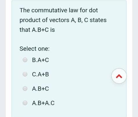 Solved The commutative law for dot product of vectors A,B,C | Chegg.com